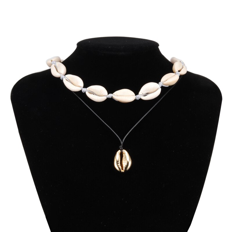 Collier Coquillage Cauri Doré Cordon Noir | Coquillages Shop